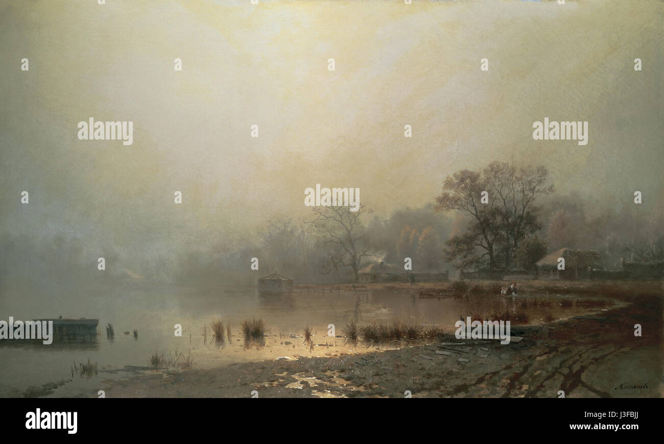 This serene image depicts a red pond in Moscow during autumn ...