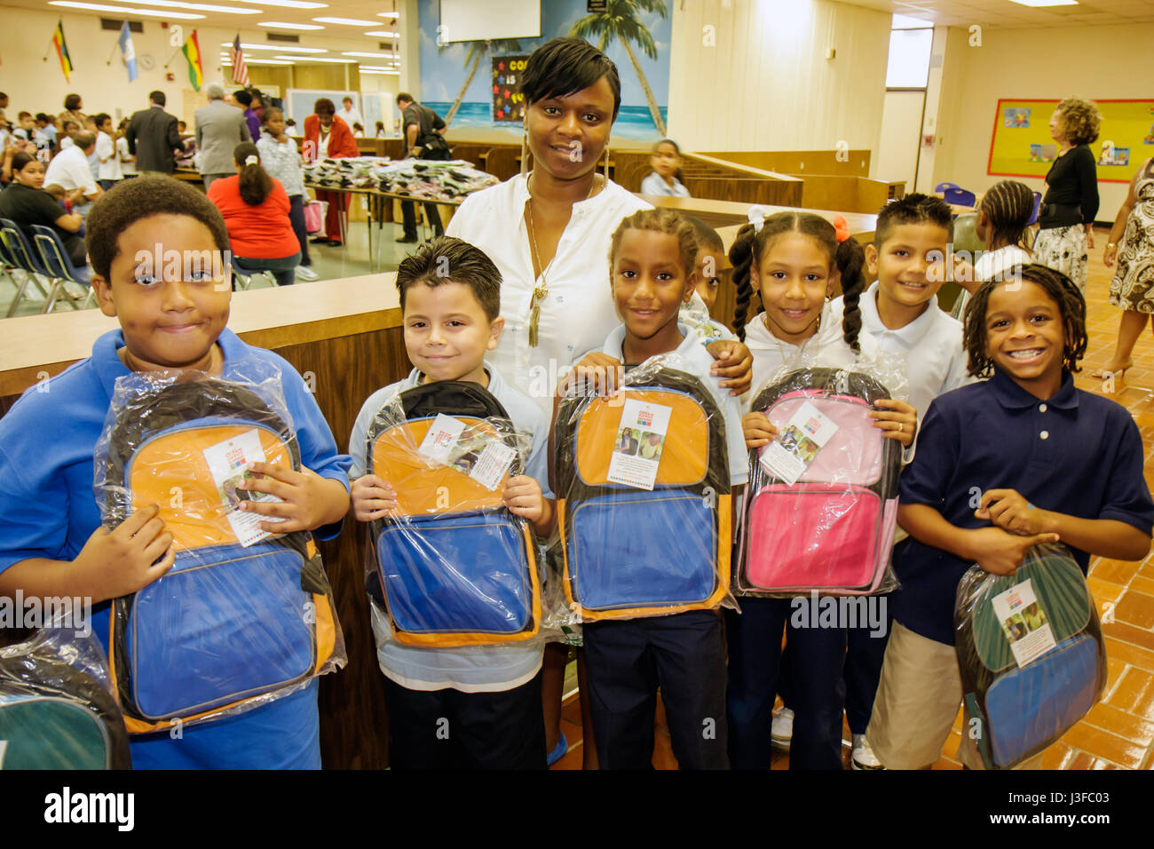 Miami Florida,Comstock Elementary School,Welcome Back,Backpack Giveaway,Hispanic ethnic Black ...