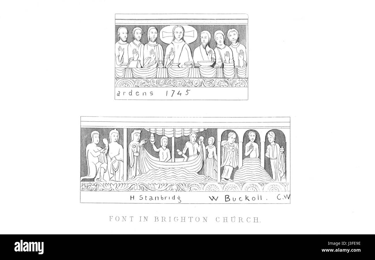 This image features the font in Brighton Church, a historic religious ...