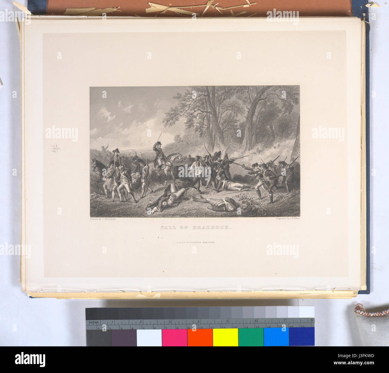 This artwork illustrates the fall of General Braddock during the Battle ...