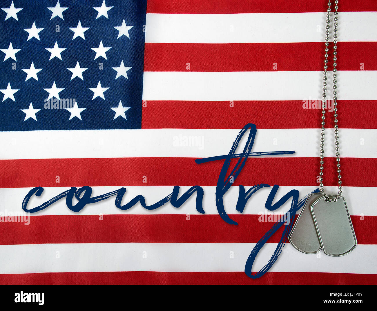 word country and military dog tags on American flag Stock Photo - Alamy