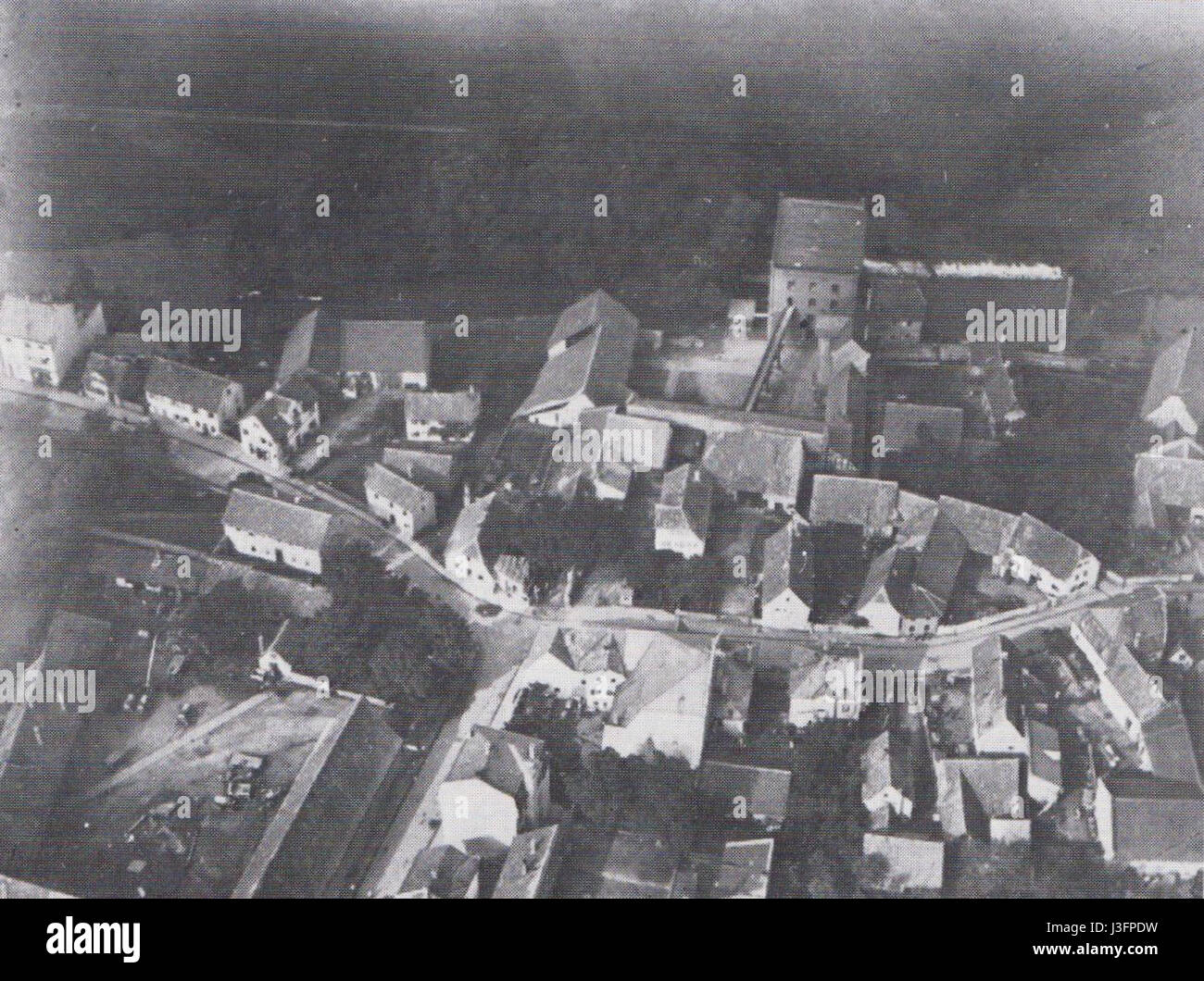 A historical photograph captured from a Zeppelin airship, showing the ...