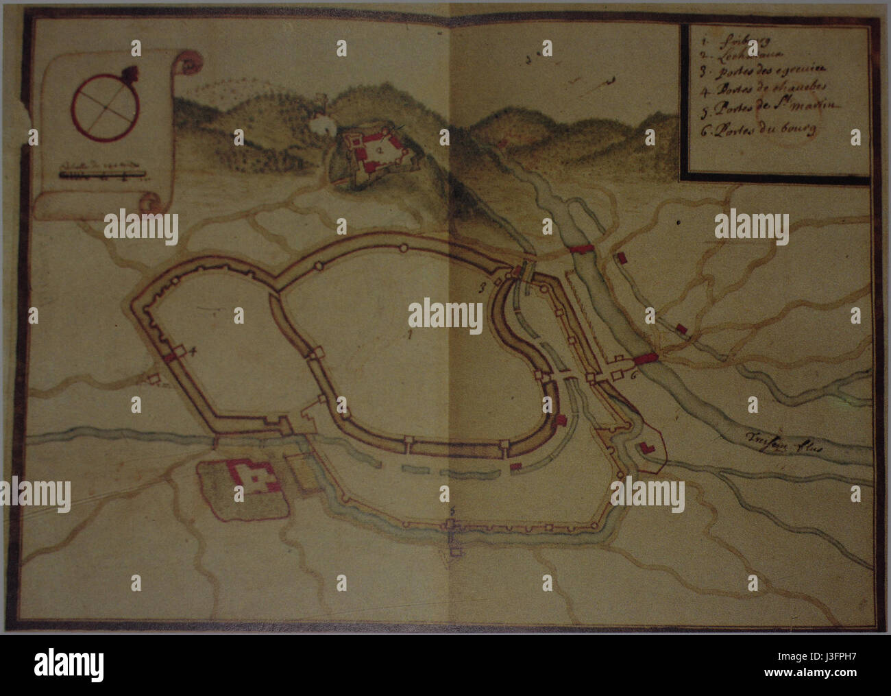 A historical map of Freiburg, Germany, showing geographical features ...