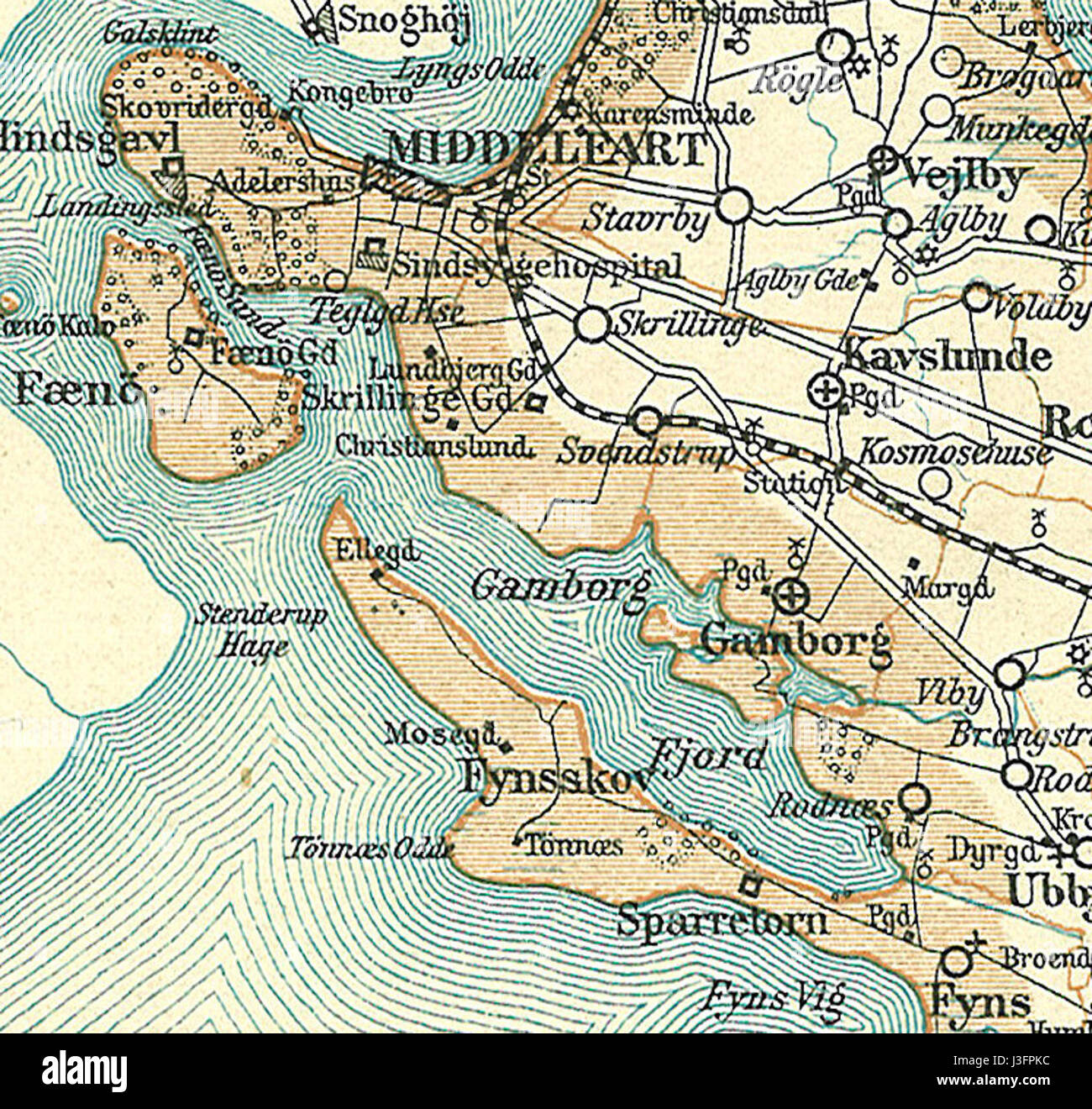 Gamborg Fjord, depicted in 1900, is a scenic fjord located in Denmark ...
