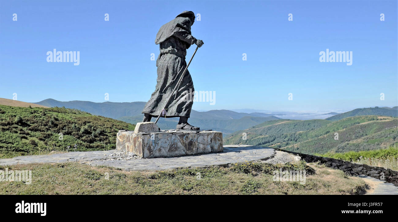Statue of pilgrim fighting against the wind by Jose Maria Acuna stands ...