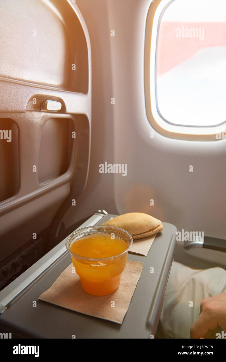 Breakfast in airplane of juice in bread. Lunch box in plane Stock Photo ...