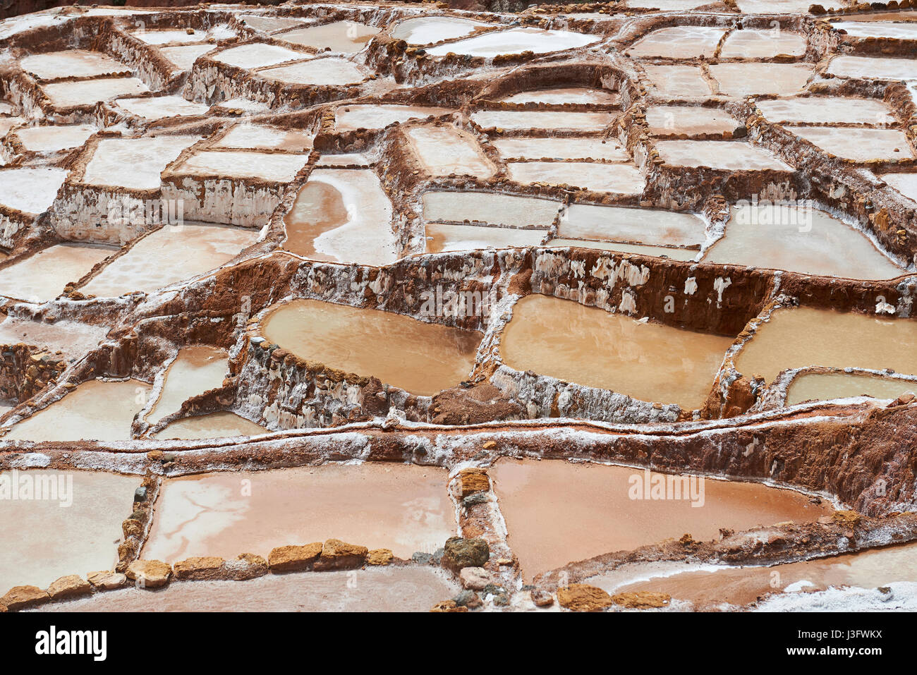 Brown salt maras in Peru. Traditional pools for evaporation salt water ...