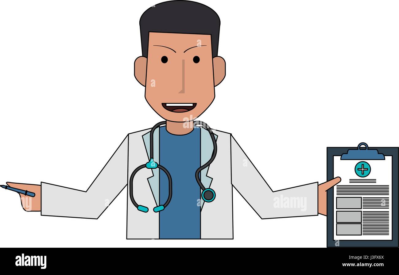 colorful silhouette half body caricature doctor male with table ...