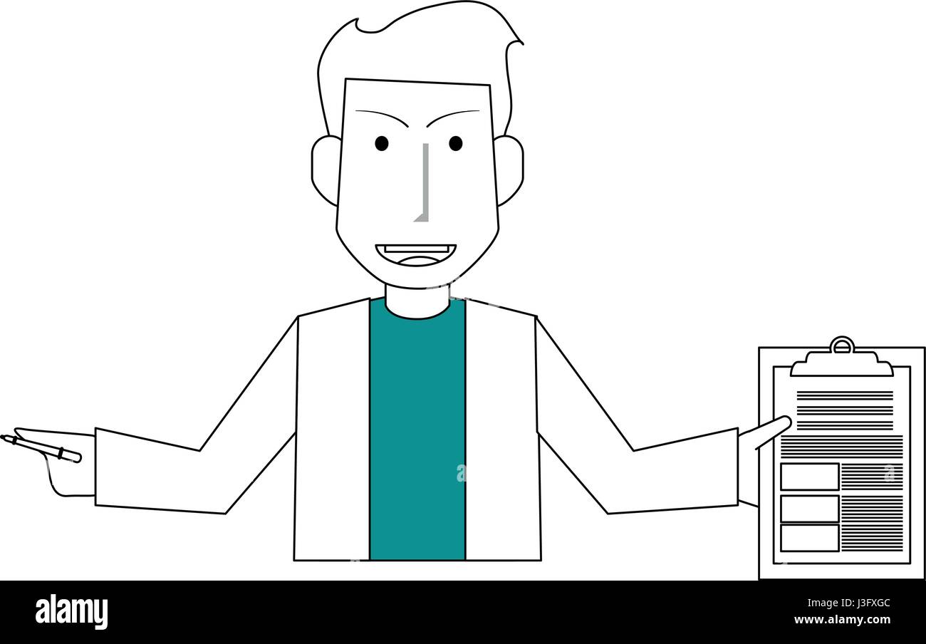 sketch color silhouette half body caricature doctor male with table ...