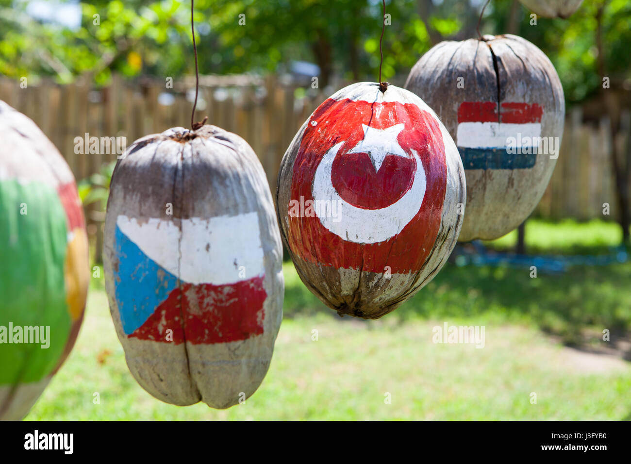 Many flags of countries painted on the hanging coconuts, Czech Republic ...