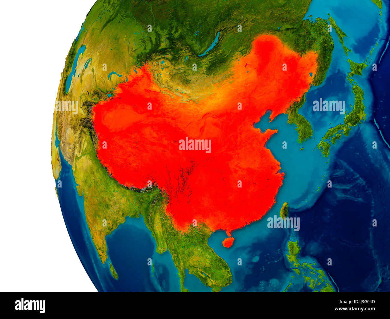 China highlighted in red on detailed model of planet Earth. 3D ...