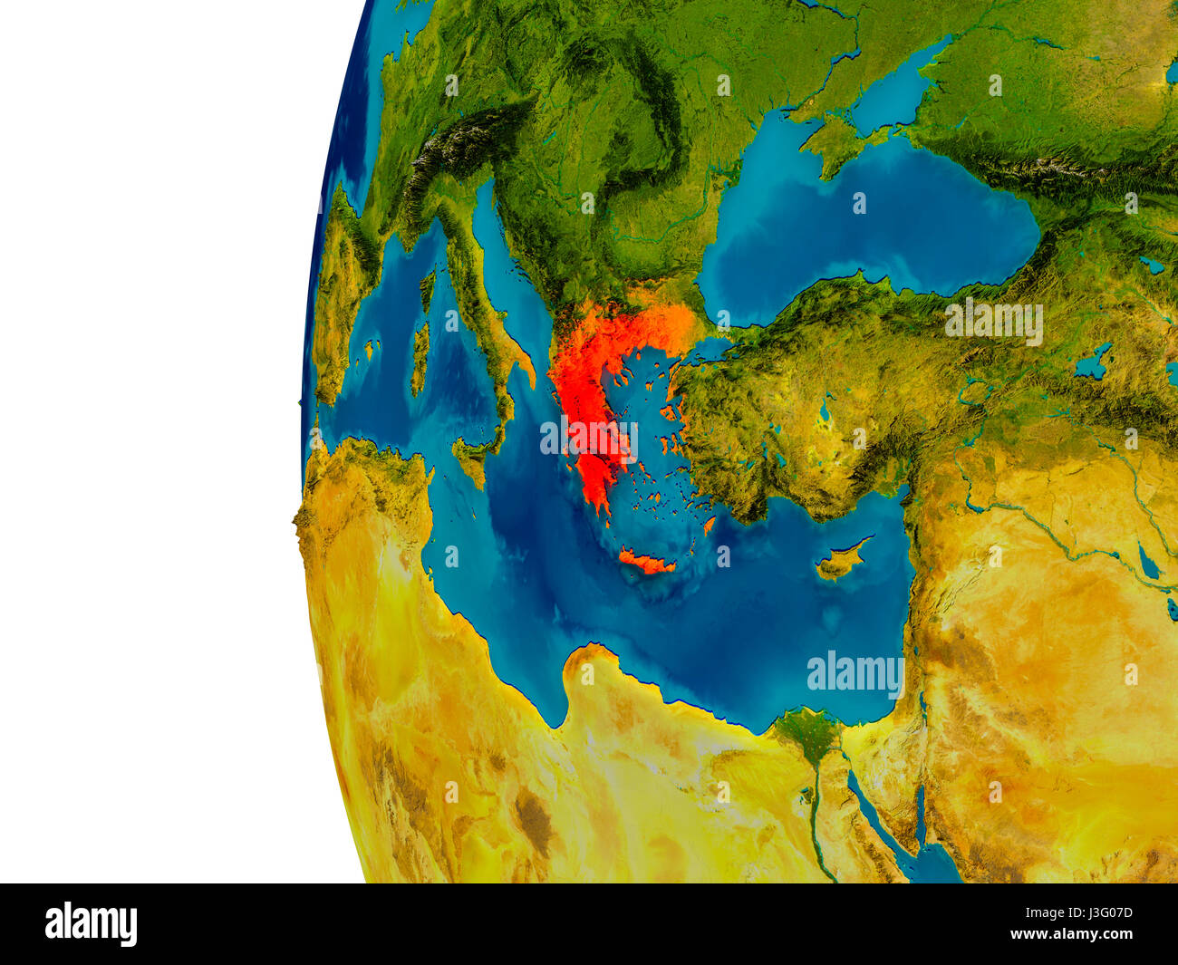 Greece highlighted in red on detailed model of planet Earth. 3D ...