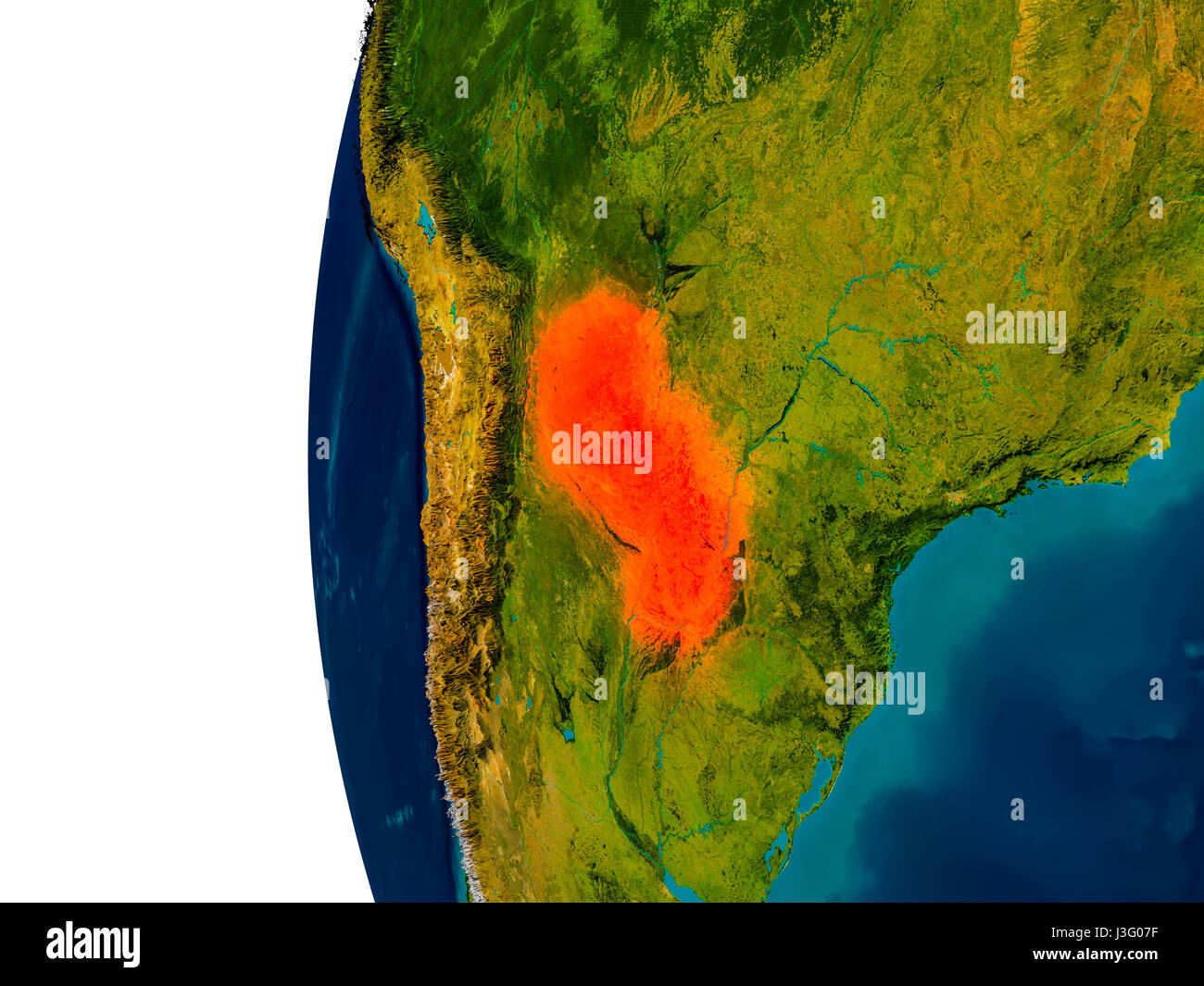 Paraguay highlighted in red on detailed model of planet Earth. 3D ...