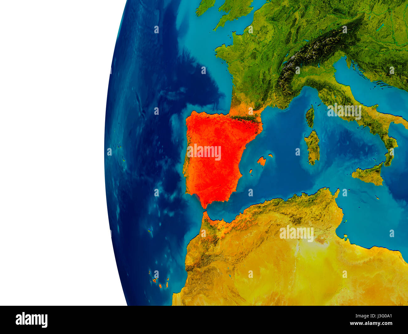 Spain highlighted in red on detailed model of planet Earth. 3D ...