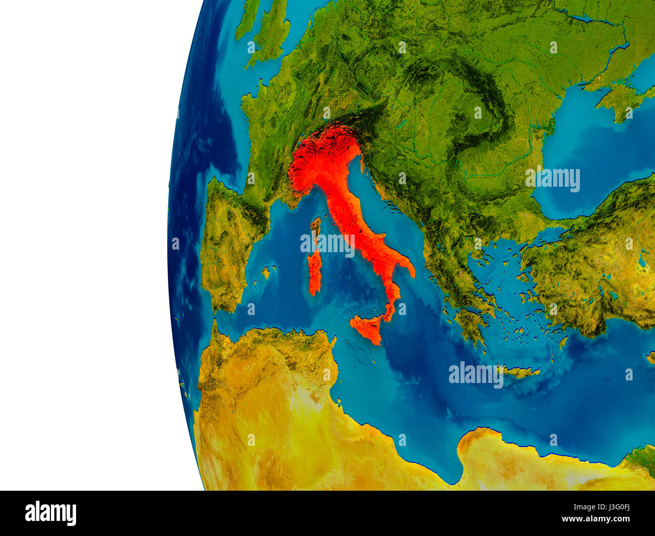 Italy highlighted in red on detailed model of planet Earth. 3D ...