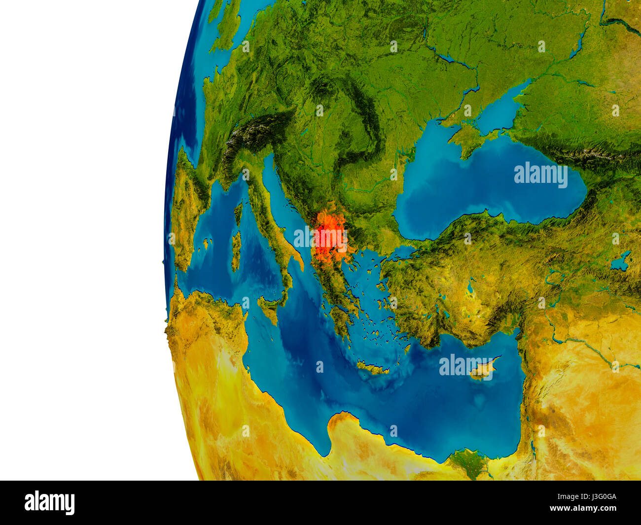Macedonia highlighted in red on detailed model of planet Earth. 3D ...