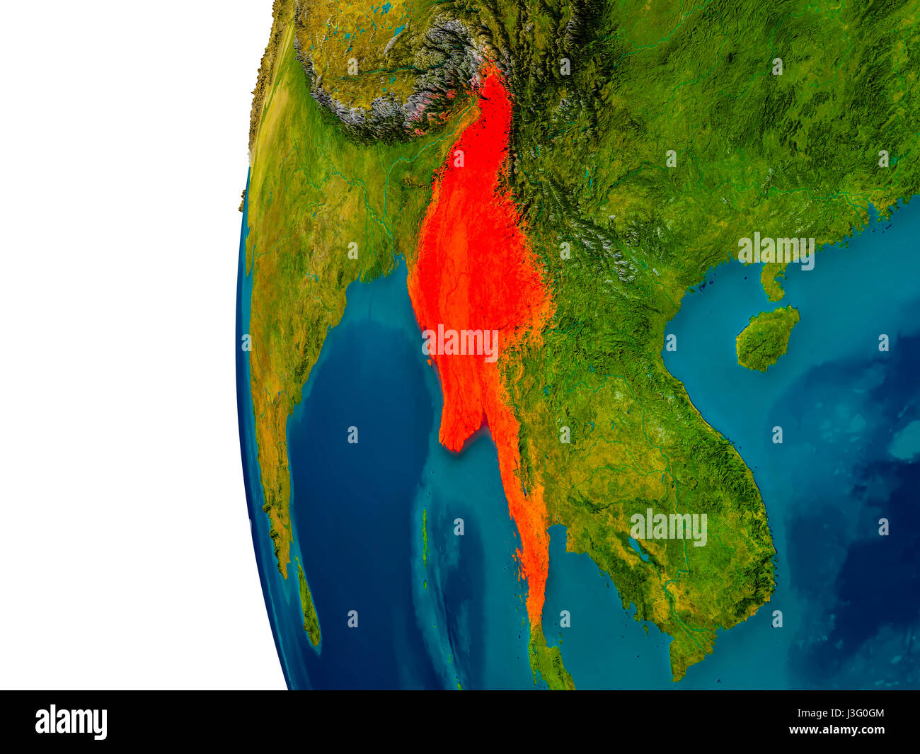 Myanmar highlighted in red on detailed model of planet Earth. 3D ...