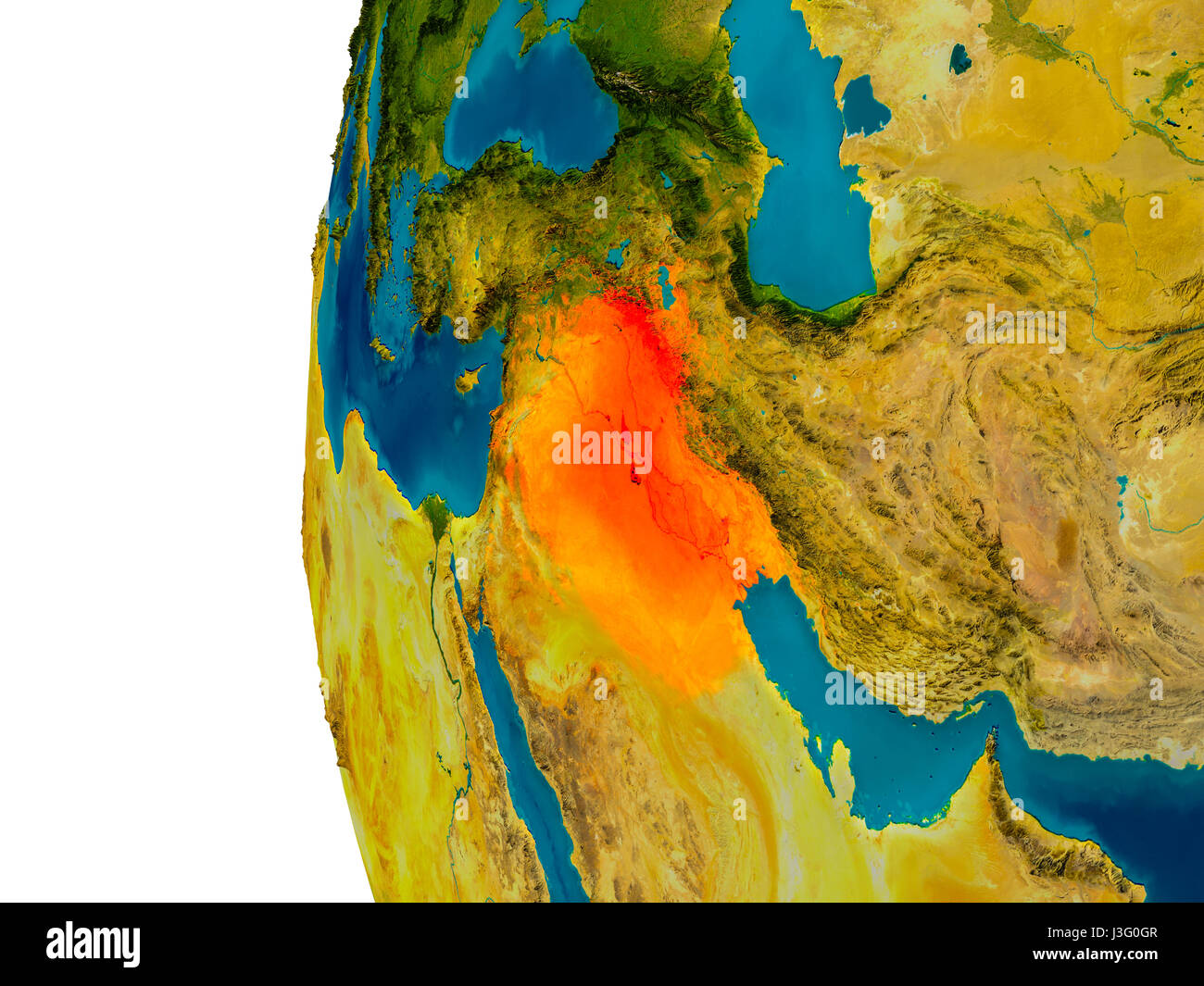 Iraq highlighted in red on detailed model of planet Earth. 3D ...