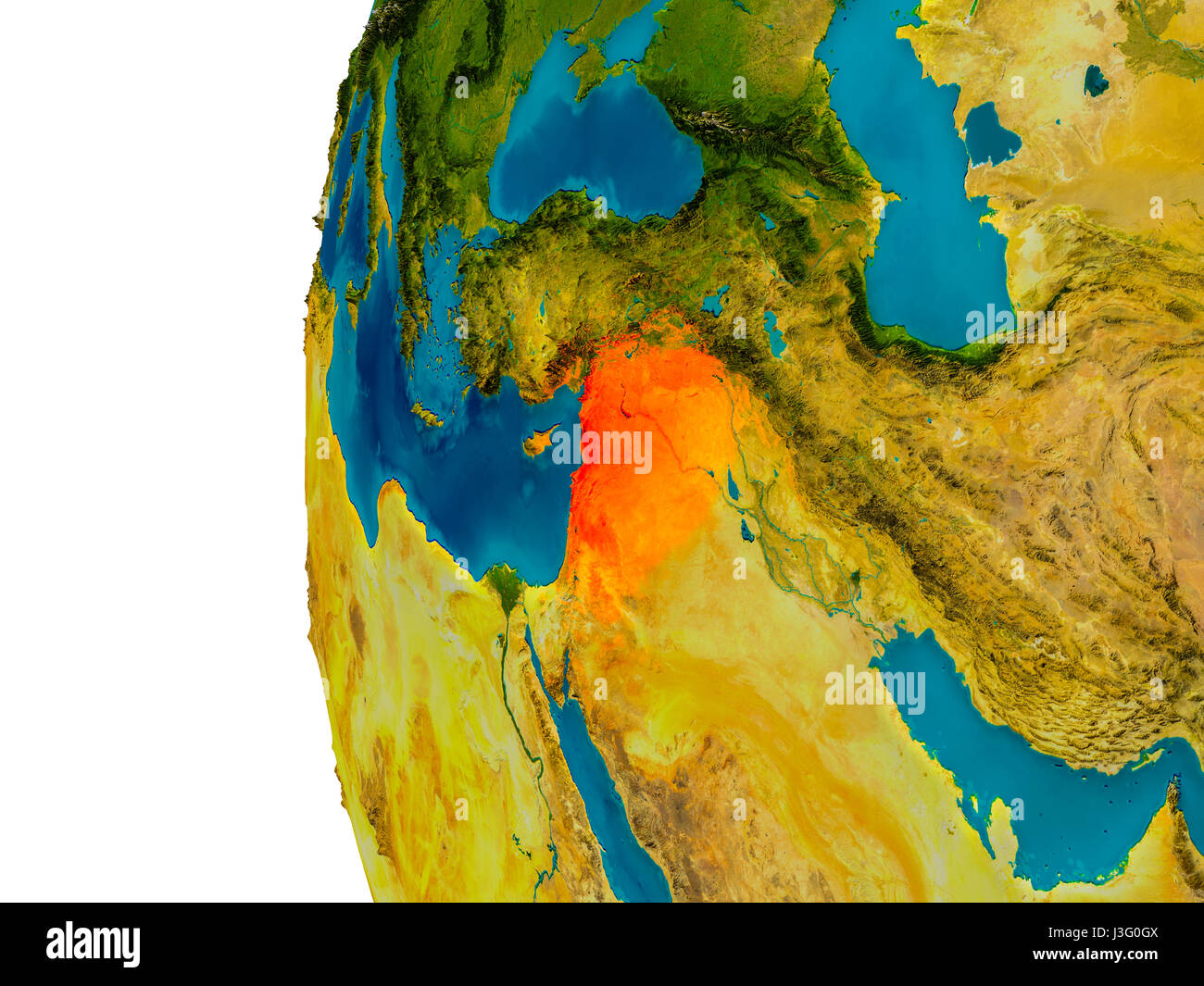 Syria highlighted in red on detailed model of planet Earth. 3D ...
