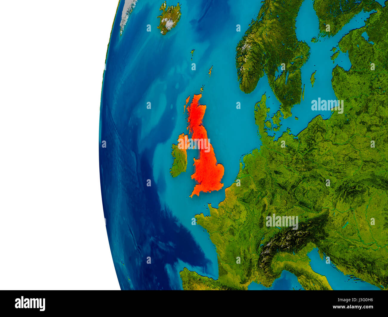 United Kingdom highlighted in red on detailed model of planet Earth. 3D ...