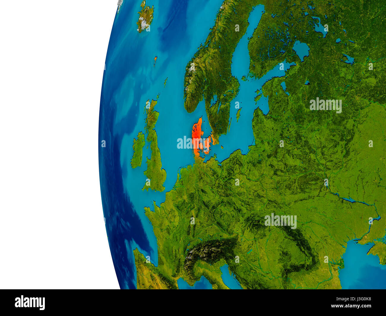 Denmark highlighted in red on detailed model of planet Earth. 3D illustration. Elements of this ...