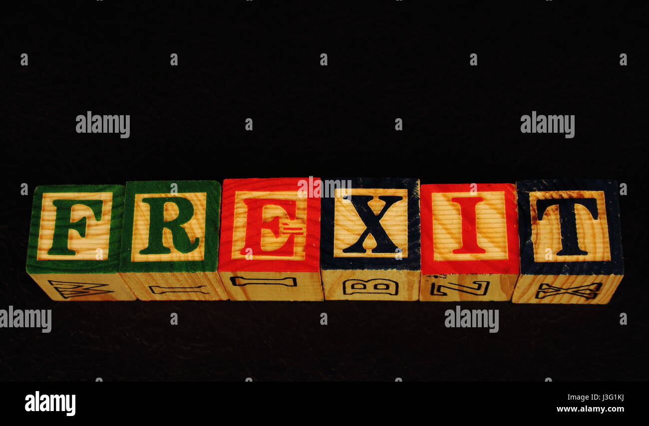 The term Frexit visually displayed on a black background using colorful ...