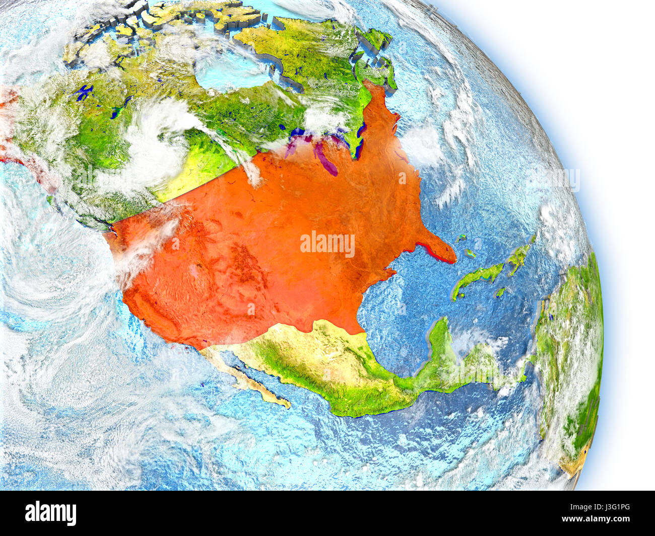 USAin red color on model of Earth. 3D illustration with detailed planet ...