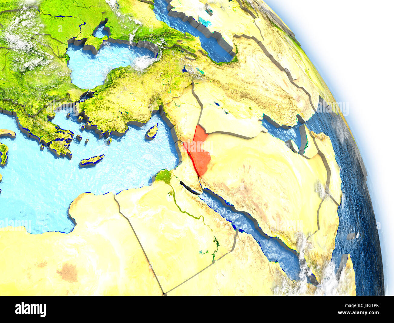 Jordanin red color on model of Earth. 3D illustration with detailed ...