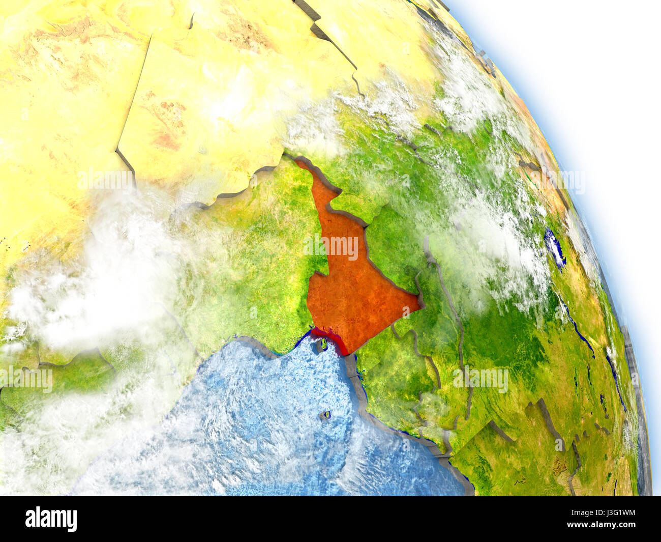 Cameroonin red color on model of Earth. 3D illustration with detailed ...