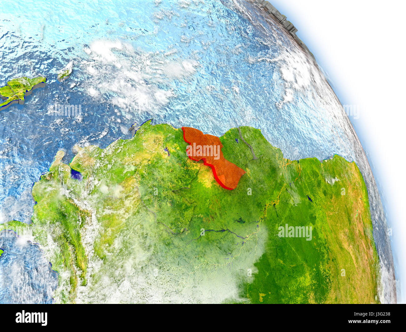 Guyanain red color on model of Earth. 3D illustration with detailed ...