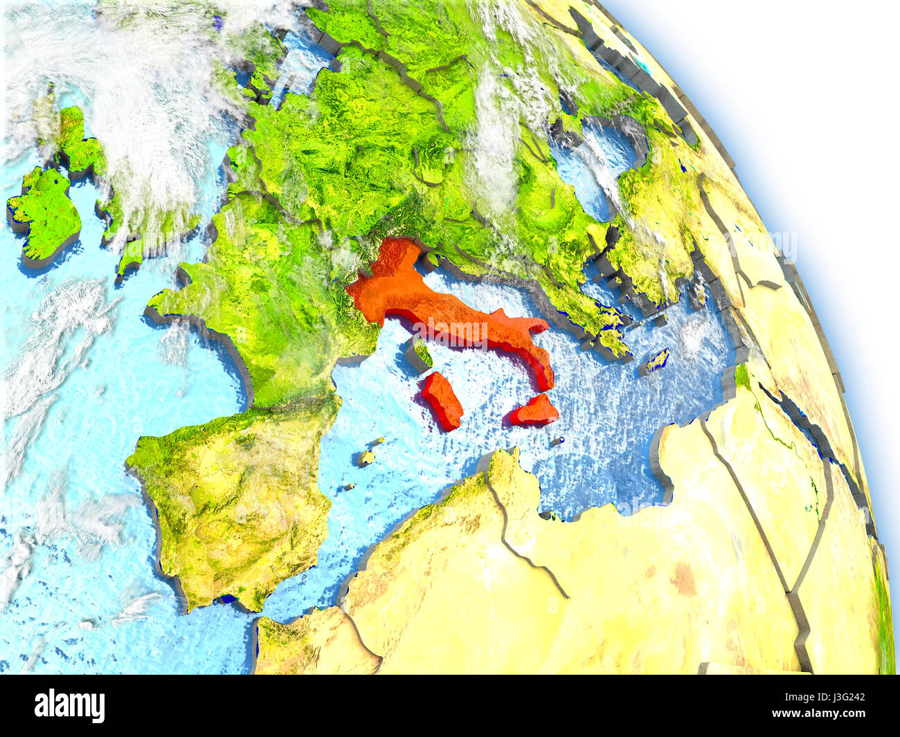 Italyin red color on model of Earth. 3D illustration with detailed ...