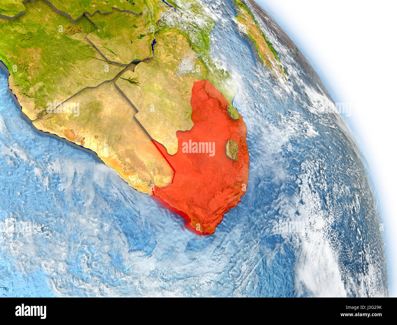 South Africain red color on model of Earth. 3D illustration with ...