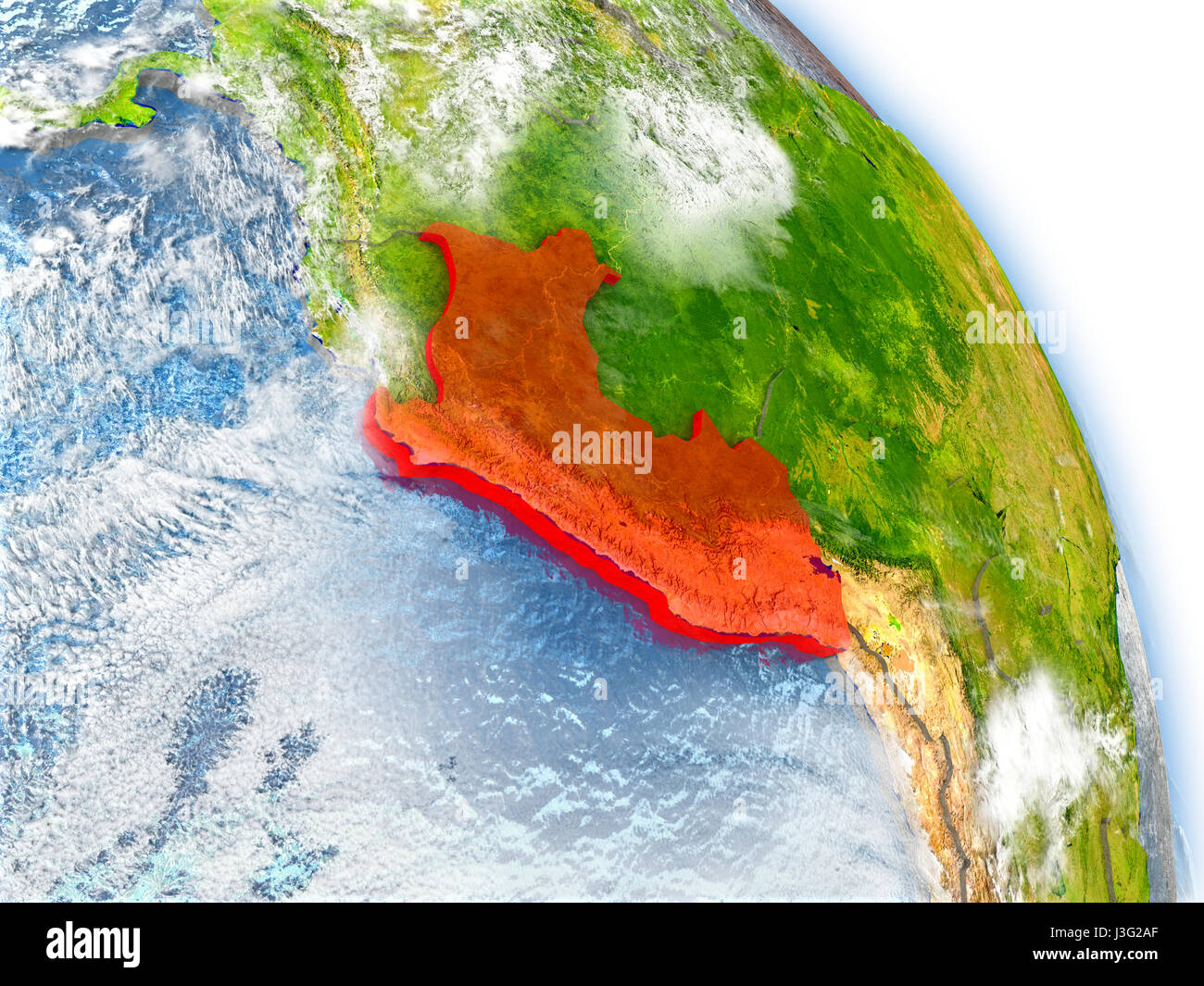 Peruin red color on model of Earth. 3D illustration with detailed ...