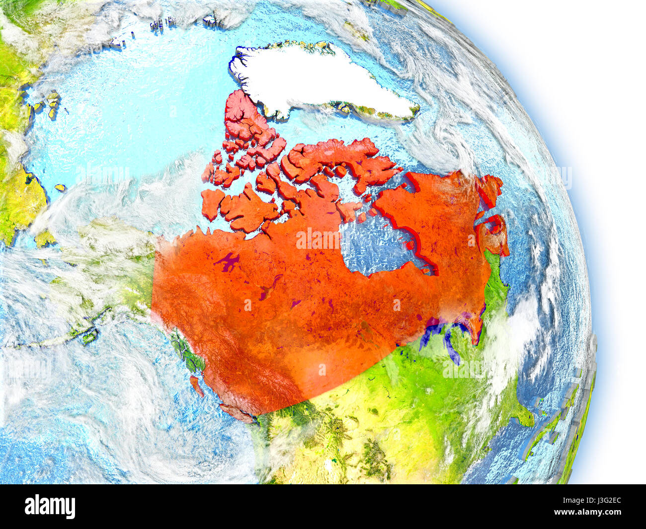Canadain red color on model of Earth. 3D illustration with detailed ...