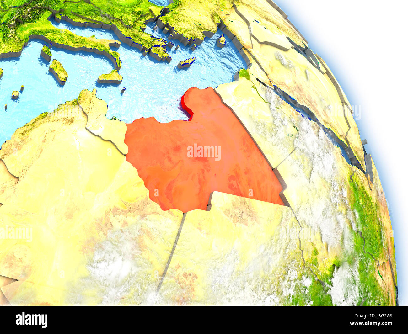 Libyain red color on model of Earth. 3D illustration with detailed ...