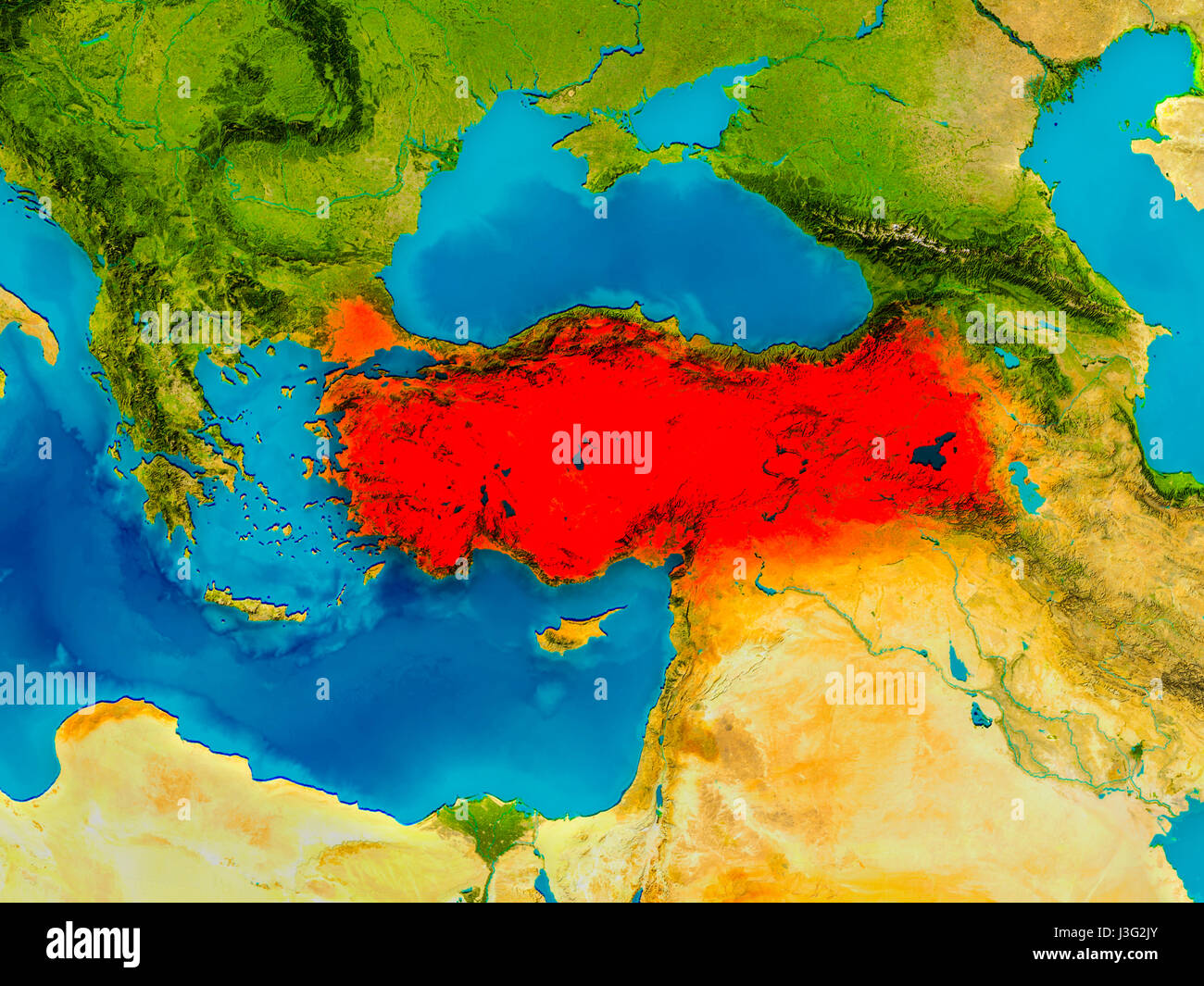 Turkey highlighted in red on physical map. 3D illustration. Elements of ...