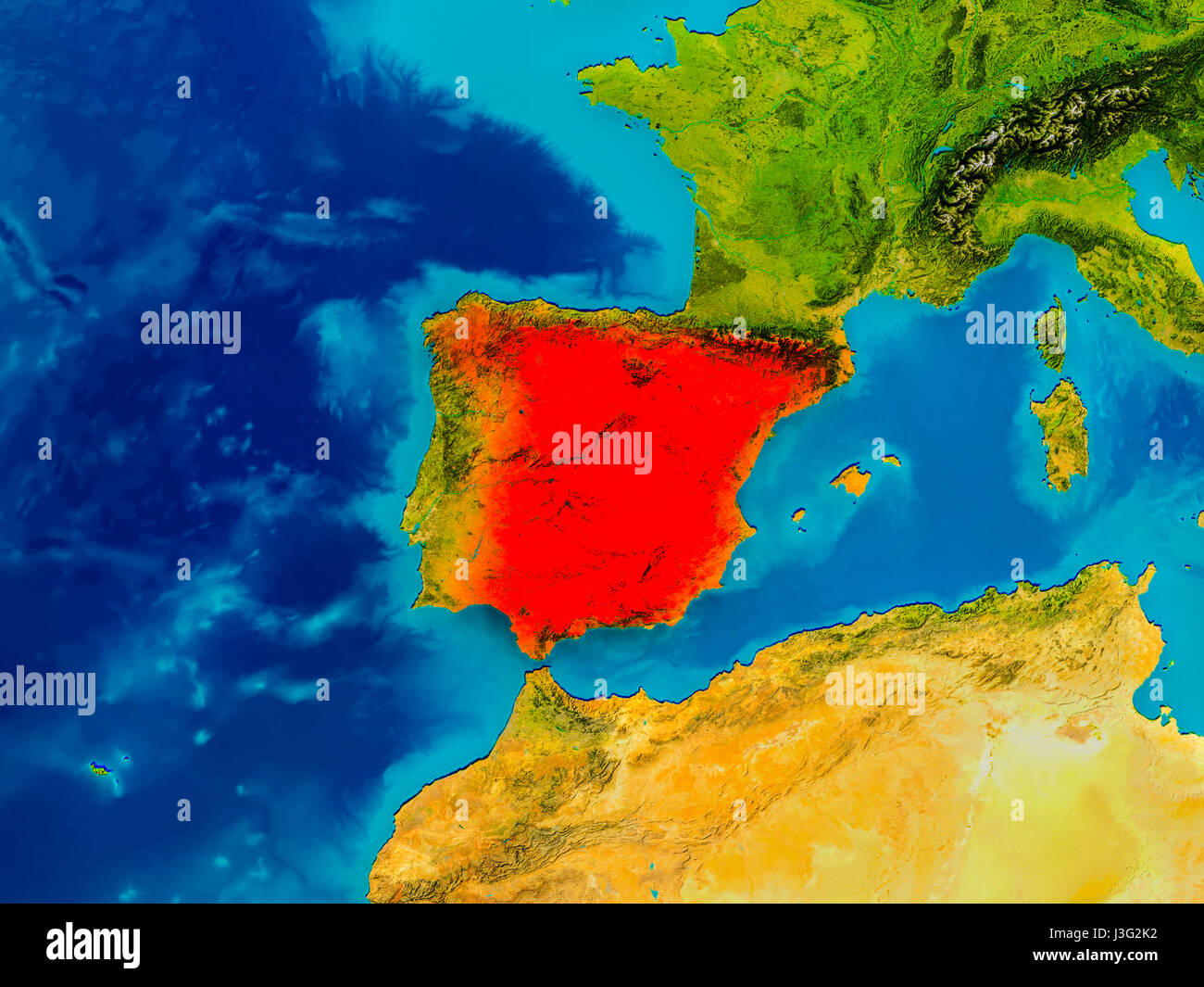 Spain highlighted in red on physical map. 3D illustration. Elements of ...