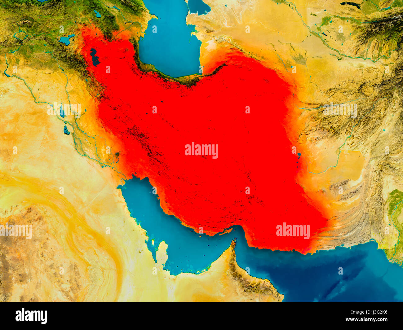 Iran highlighted in red on physical map. 3D illustration. Elements of ...