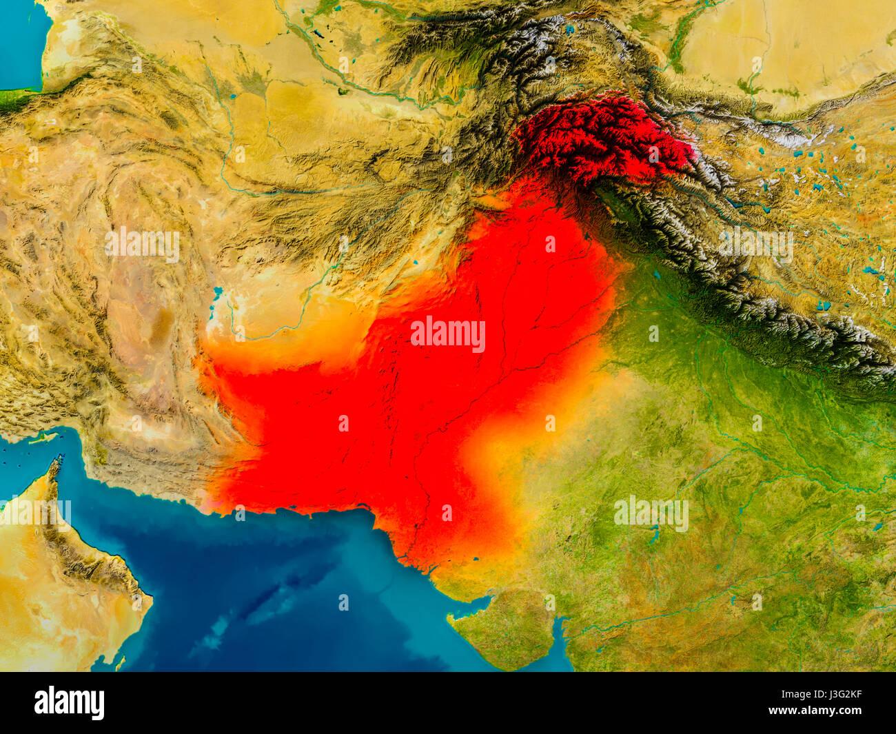 Pakistan highlighted in red on physical map. 3D illustration. Elements ...