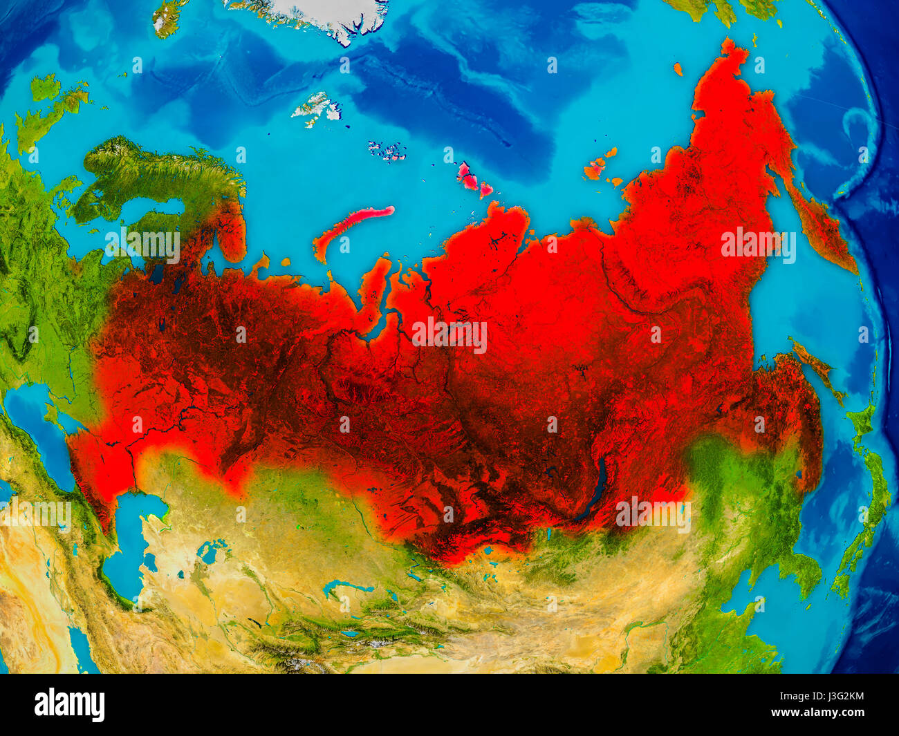 Russia highlighted in red on physical map. 3D illustration. Elements of ...