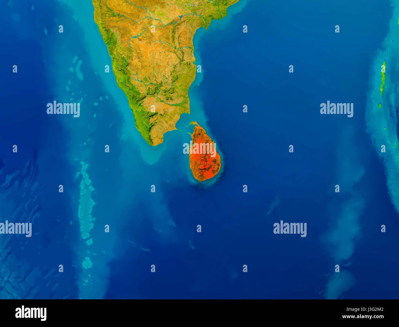 Sri Lanka highlighted in red on physical map. 3D illustration. Elements ...