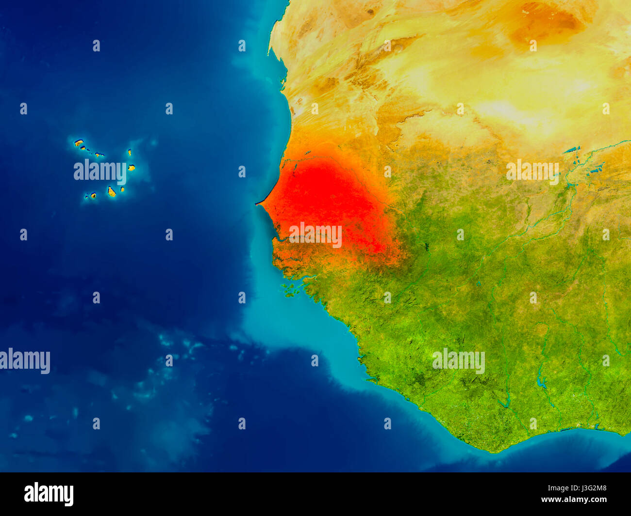 Senegal highlighted in red on physical map. 3D illustration. Elements ...