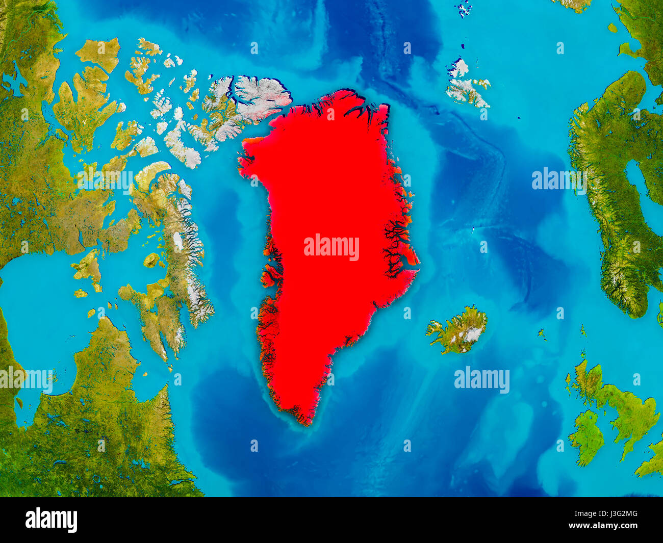 Greenland highlighted in red on physical map. 3D illustration. Elements ...