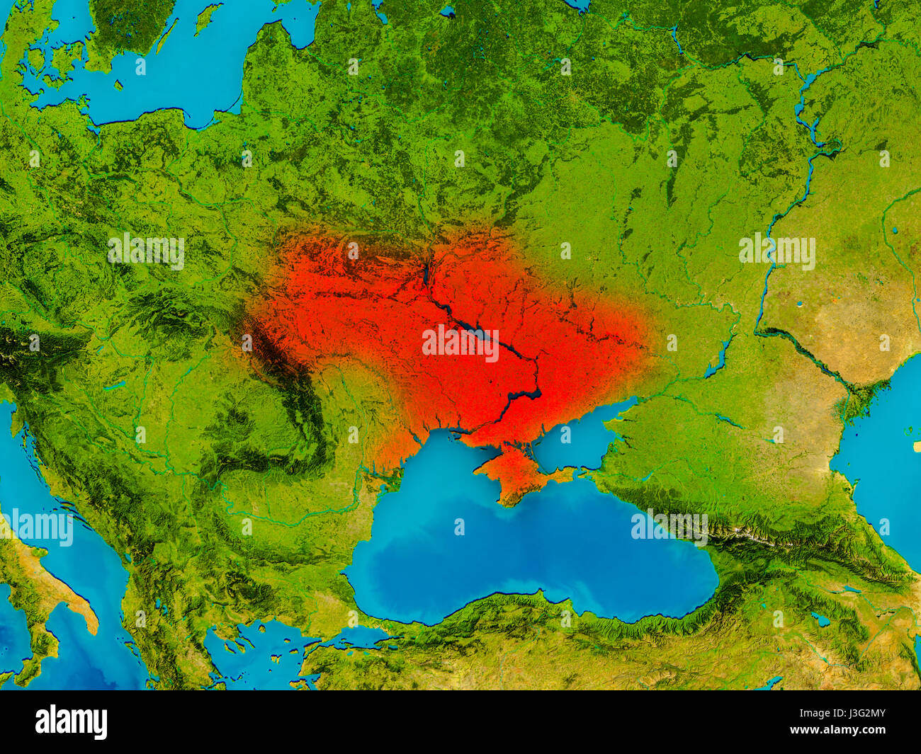 Ukraine highlighted in red on physical map. 3D illustration. Elements ...