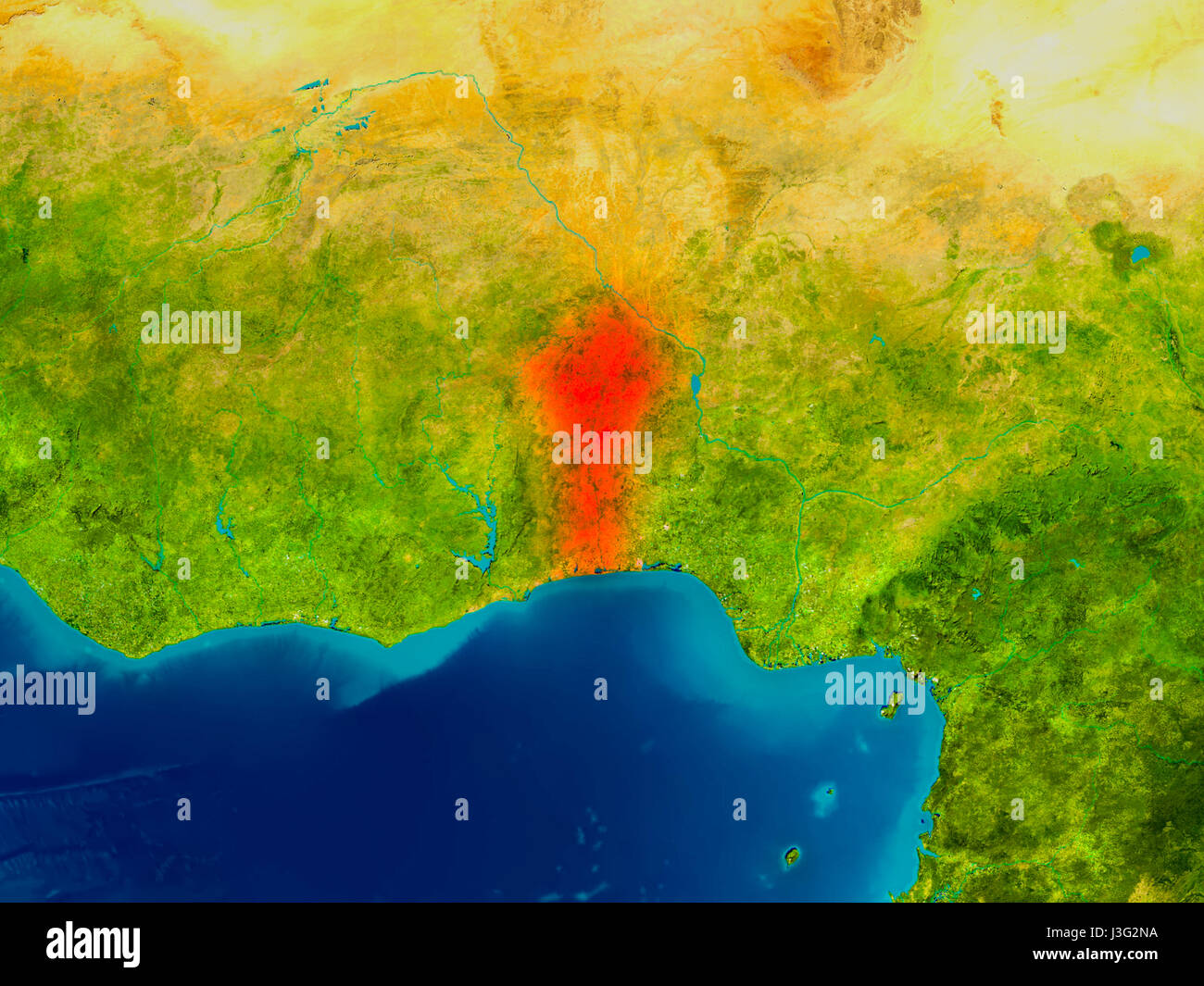 Benin highlighted in red on physical map. 3D illustration. Elements of ...