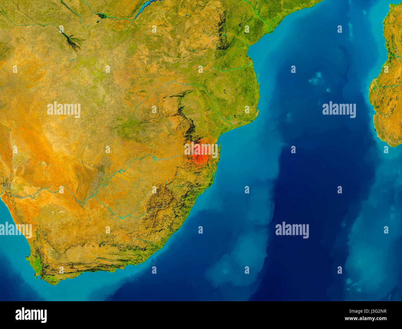 Swaziland highlighted in red on physical map. 3D illustration. Elements ...