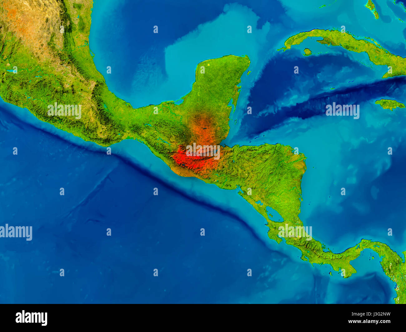 Guatemala highlighted in red on physical map. 3D illustration. Elements ...