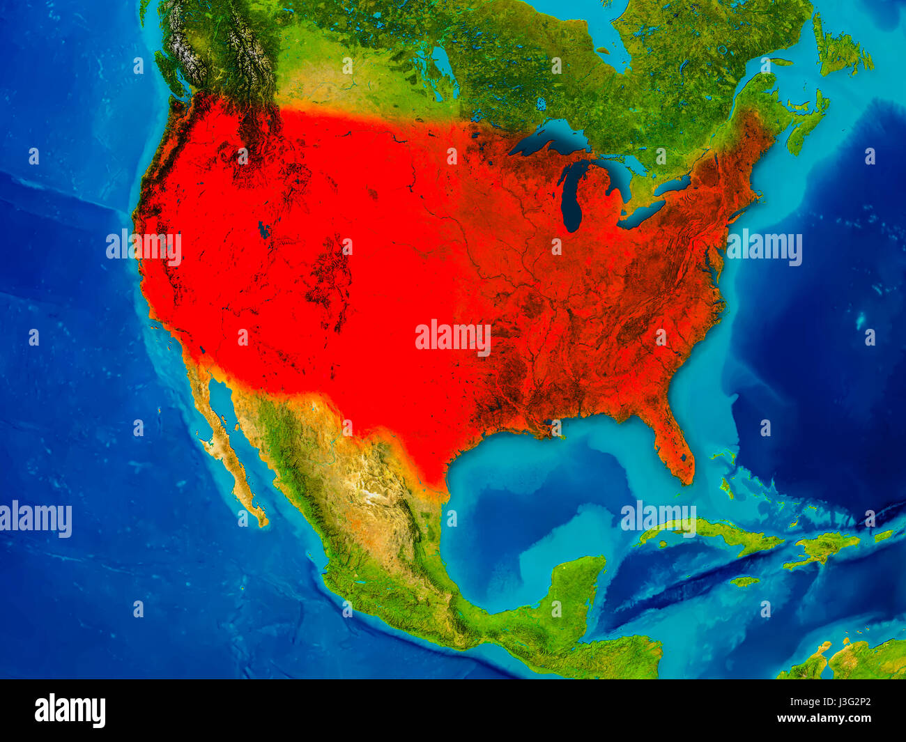 USA highlighted in red on physical map. 3D illustration. Elements of ...