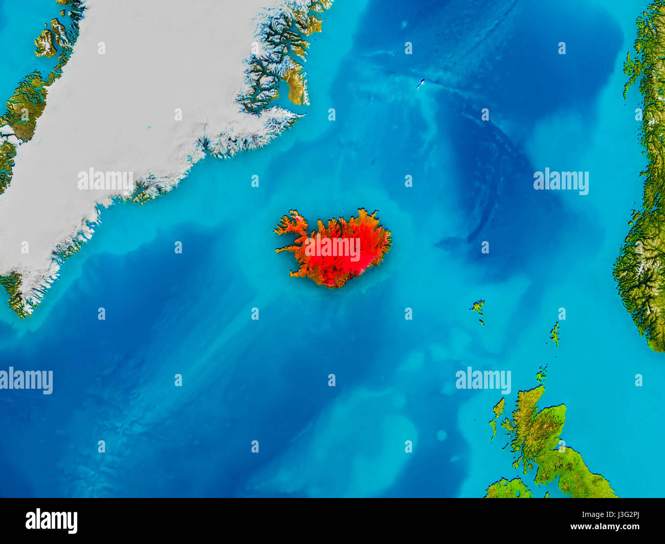 Iceland highlighted in red on physical map. 3D illustration. Elements ...