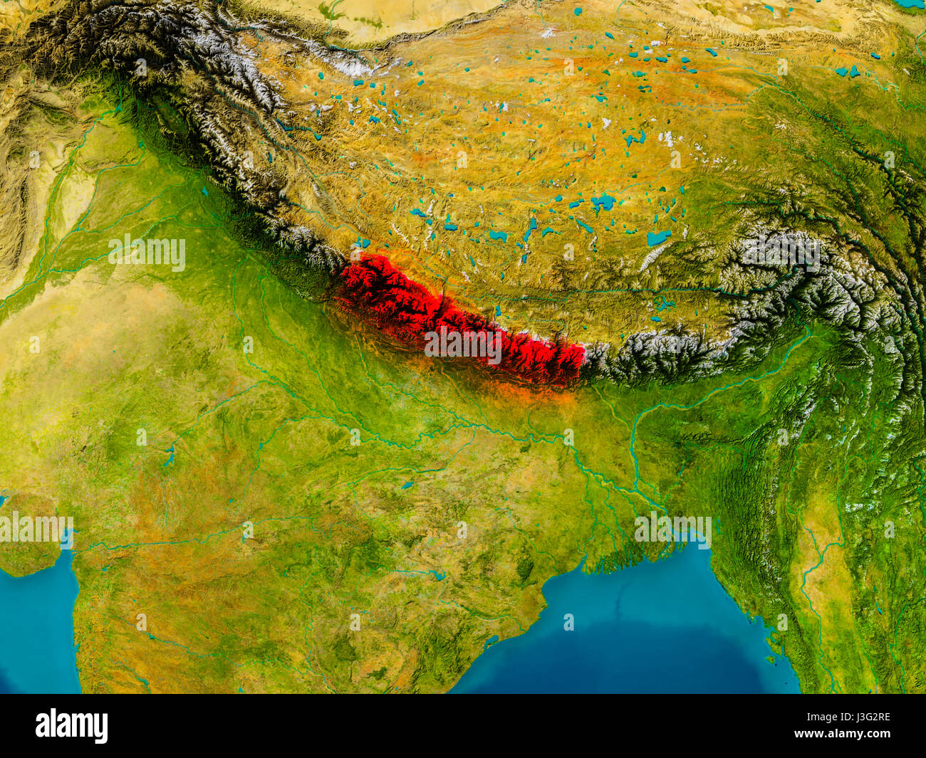 Nepal highlighted in red on physical map. 3D illustration. Elements of ...